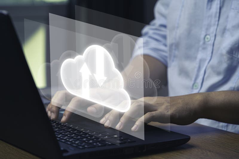 Virtual Cloud and Technology Icons , Businessman Using Laptop Computer ...