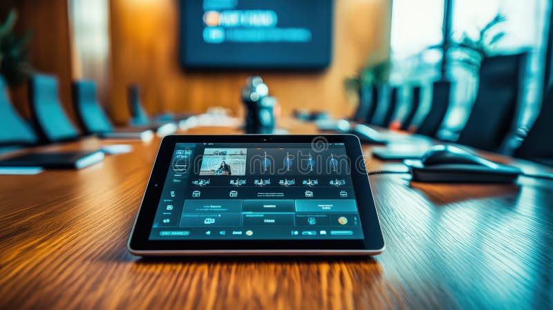 Virtual Conference Interface on Tablet in Modern Meeting Room Business ...