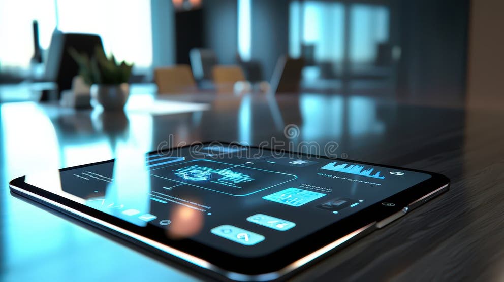 Virtual Conference Interface on Tablet Modern Office Technology Display ...