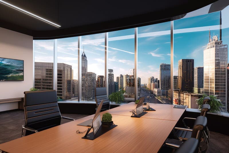 Virtual Conference Room with View of a Bustling Cityscape Stock ...