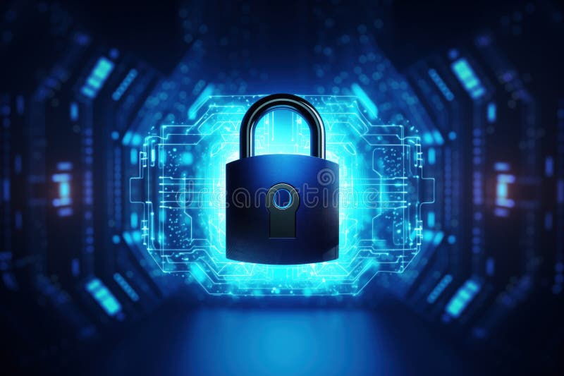 Safety Lock Hologram on Screen of Modern Laptop. Information Security ...