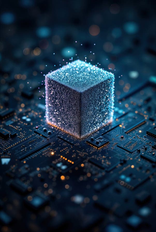 Virtual Cube on Motherboard. Concept of Complexity Stock Illustration ...