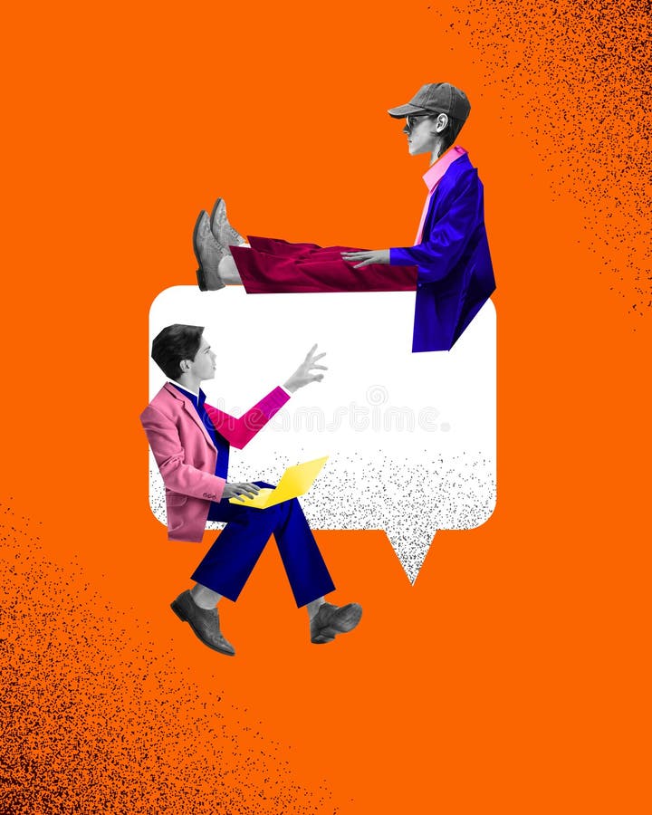 Virtual Dialogue. Two Men Interact through Speech Bubble Stock Photo ...