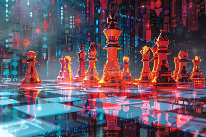 Virtual Digital Chessboard with Chess Pieces in Neon Lighting Stock ...