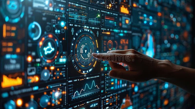 User Holding and Touching Holographic Screen on Dark Background Stock ...