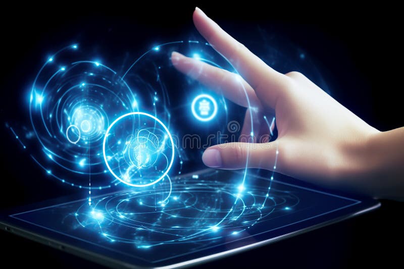 Virtual Digital Projection Hologram Above Tablet. AR and AI Concept ...