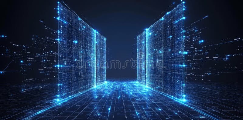 In a Virtual Environment, a Digital Entrance is Enveloped by Shimmering ...