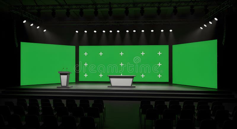 Virtual Event Stage with Green Screen Background and Spot Lighting ...