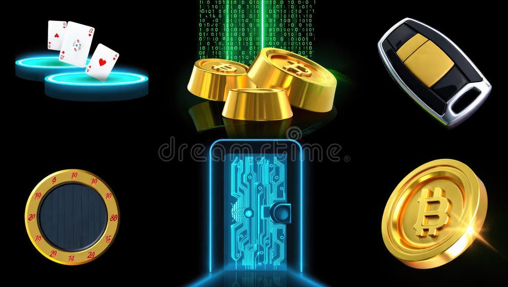 Virtual Gateway Showcasing Cryptocurrency Symbols and Gaming Elements ...