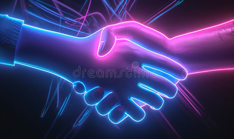 Virtual Glowing Handshake of Two Neon Hands on an Abstract Dark ...