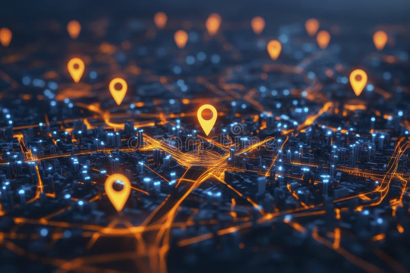 Virtual Grid City Map with Glowing Location Pins and Digital ...