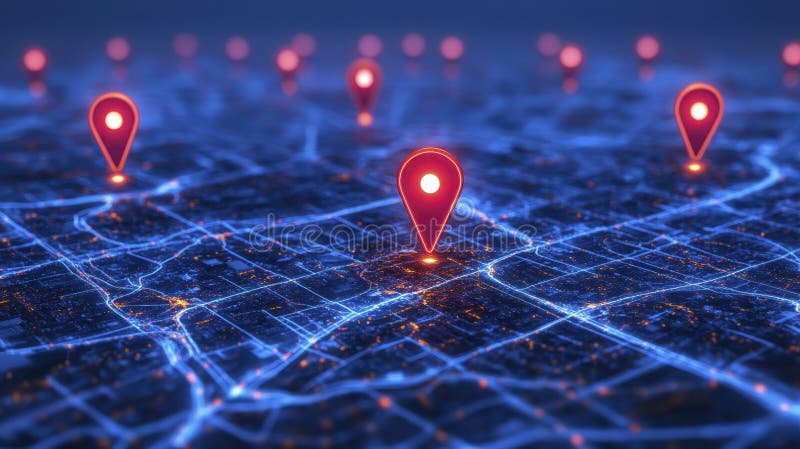 Virtual Grid City Map with Glowing Location Pins and Digital ...