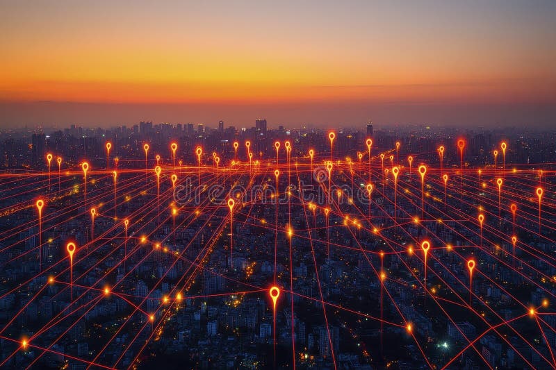 Virtual Grid City Map with Glowing Location Pins and Digital ...