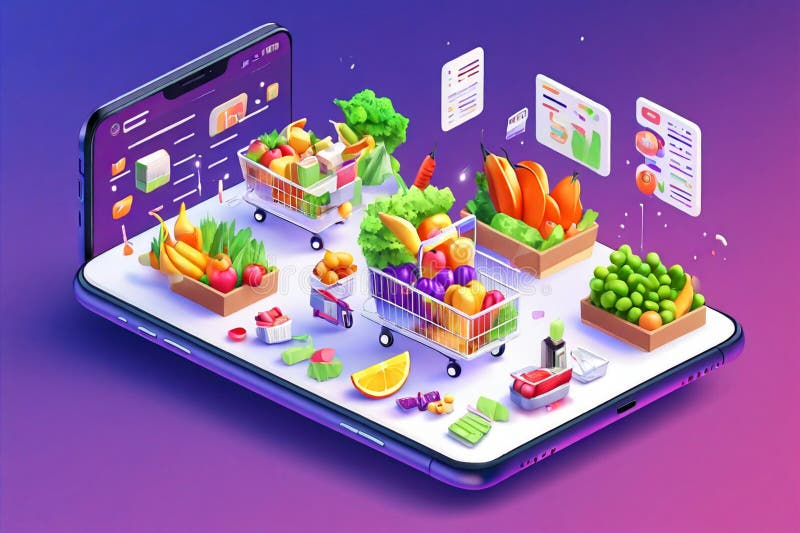 Virtual Grocery Shopping Experience Stock Illustration - Illustration ...