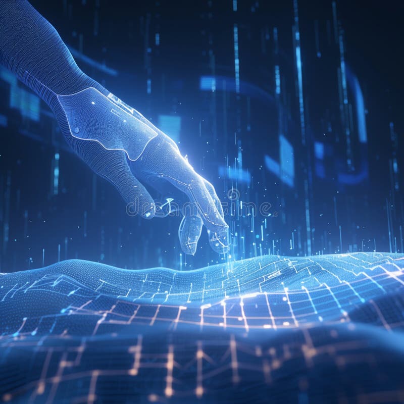 Virtual Hand Interacts with Cyberspace Data Lines in 3D Rendering Stock ...