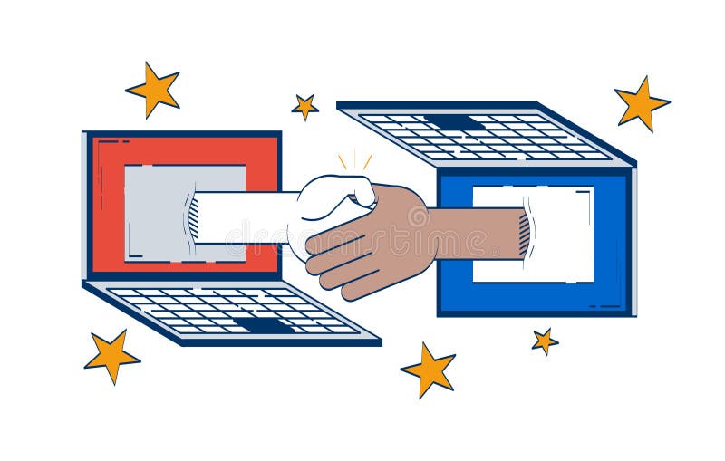 Virtual Handshake Connecting Two Laptops Doodle Illustration Concept ...