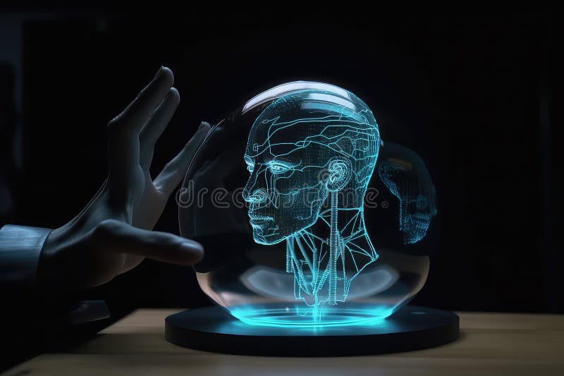 Virtual Hologram of Human Head in Crystal Ball on Dark Background ...