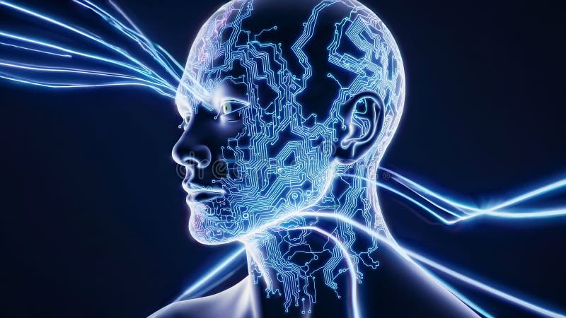 Virtual Hologram Human Head Interlaced with Glowing Microchip Circuitry ...
