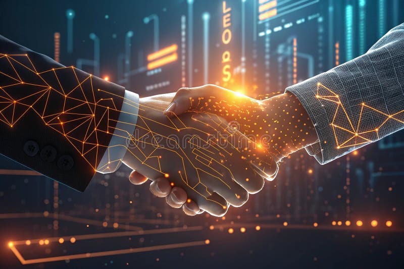 Virtual and Human Hands Shaking with Digital and Orange Light Effects ...