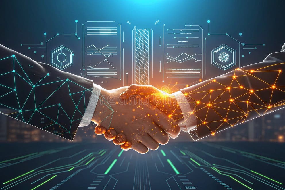 Virtual and Human Hands Shaking with Digital and Orange Light Effects ...