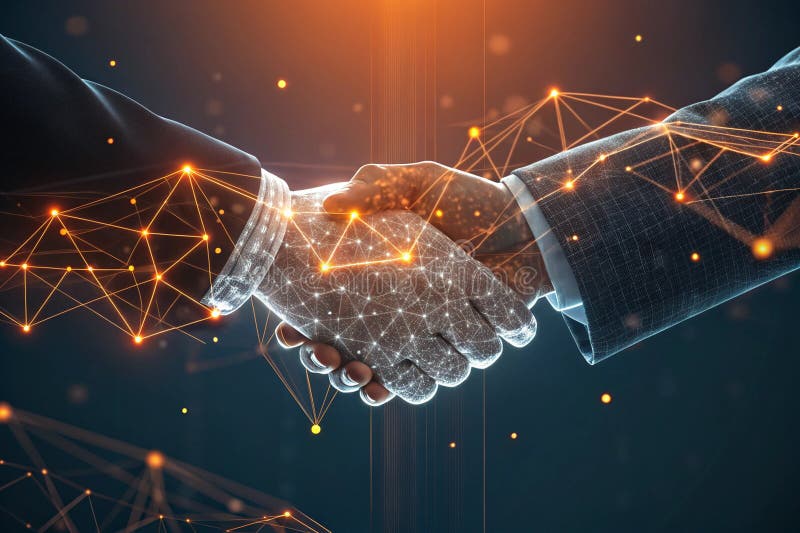 Virtual and Human Hands Shaking with Digital and Orange Light Effects ...