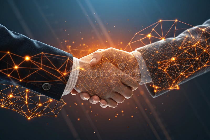 Virtual and Human Hands Shaking with Digital and Orange Light Effects ...