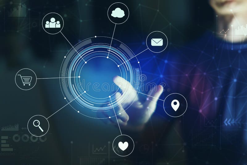 Virtual Icons with Young Man Pointing Stock Photo - Image of friends ...