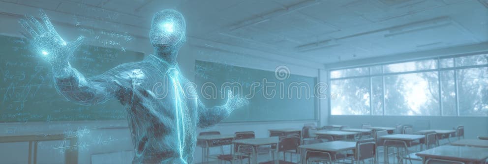 Virtual Instructor Presents Engaging Lessons in an Empty Classroom Setting with Digital Elements ...