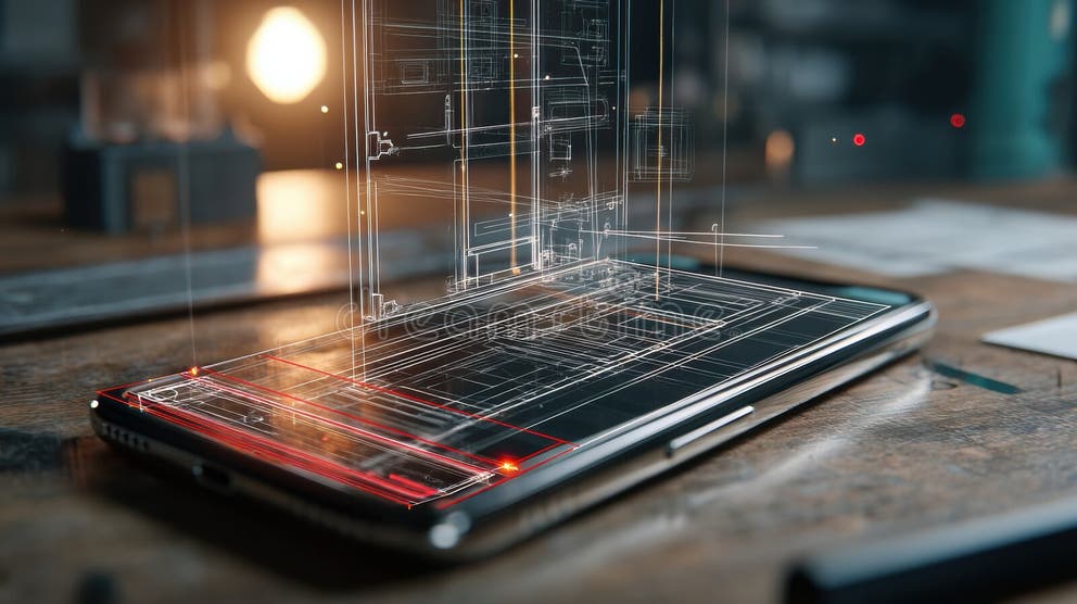UI Layout Wireframe Projected Above Smartphone in Augmented Reality ...