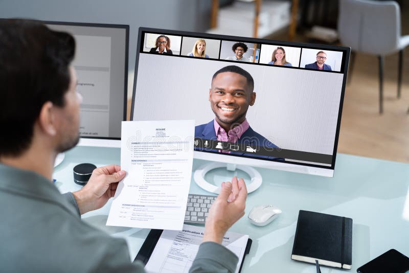 Virtual Job Interview Webcast Stock Photo - Image of hybrid, holding ...