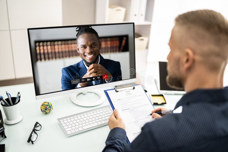 Virtual Job Interview Webcast Stock Photo - Image of hybrid, holding ...