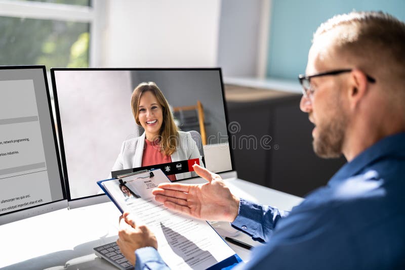 Virtual Job Interview Webcast Stock Photo - Image of coffee, computer ...