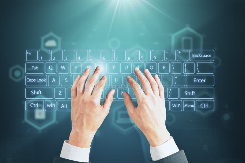 Typing in on a Virtual Keyboard Stock Photo - Image of fingers, display ...