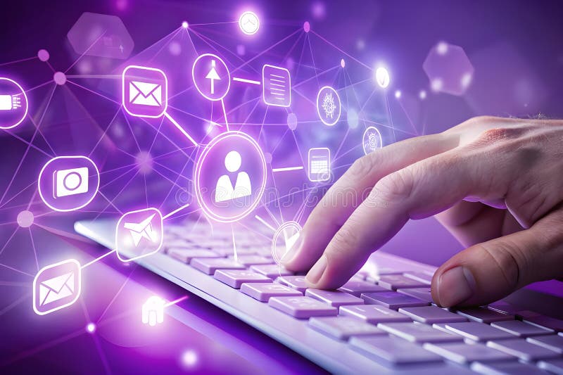 Virtual Keyboard Pressed by Hand with High Tech Icons and Symbols Stock ...