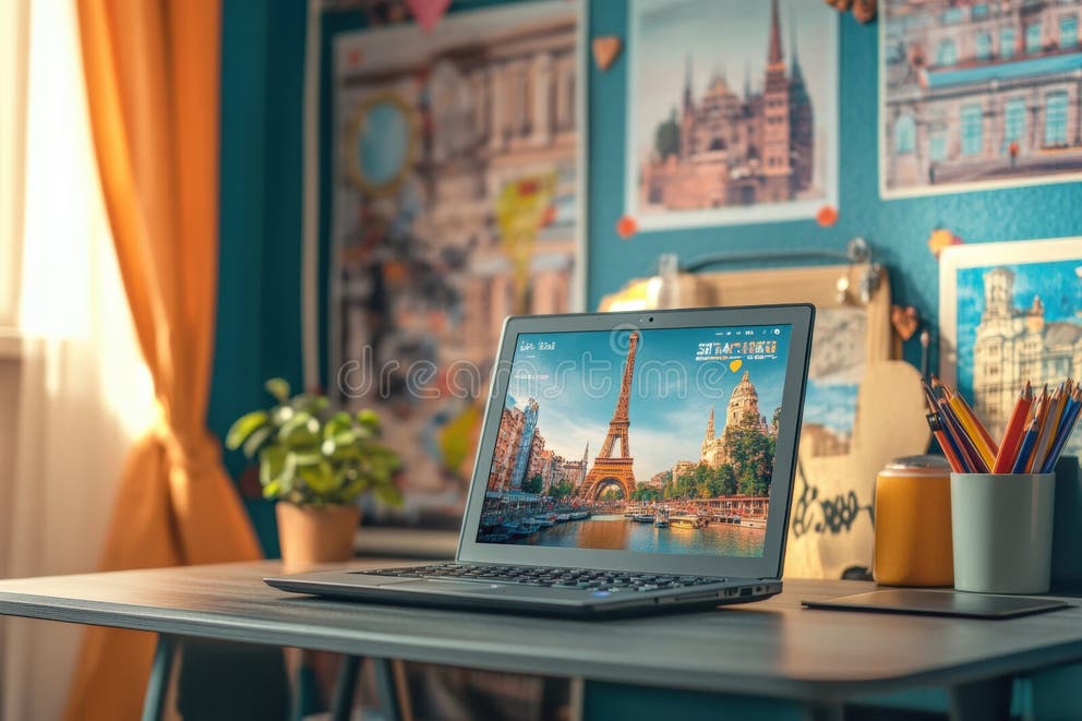 Virtual Language Learning Experience Featuring Conversation Exercises and Travel Posters in a ...