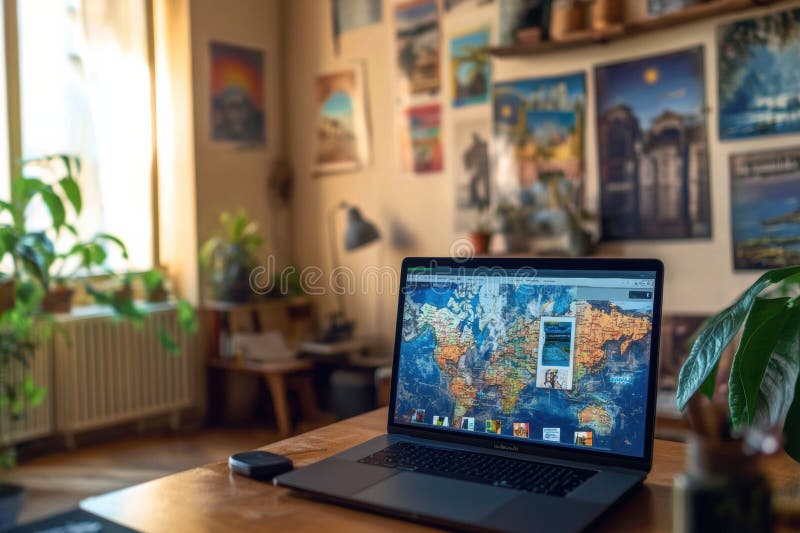 Virtual Language Learning Experience with Laptop and Travel Posters in ...