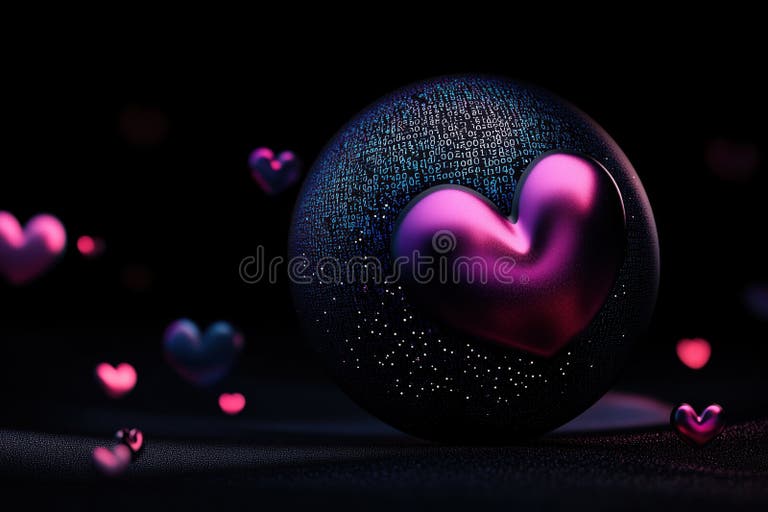 Virtual Love Celebration, Hearts in Binary Code Spin in a Holographic ...