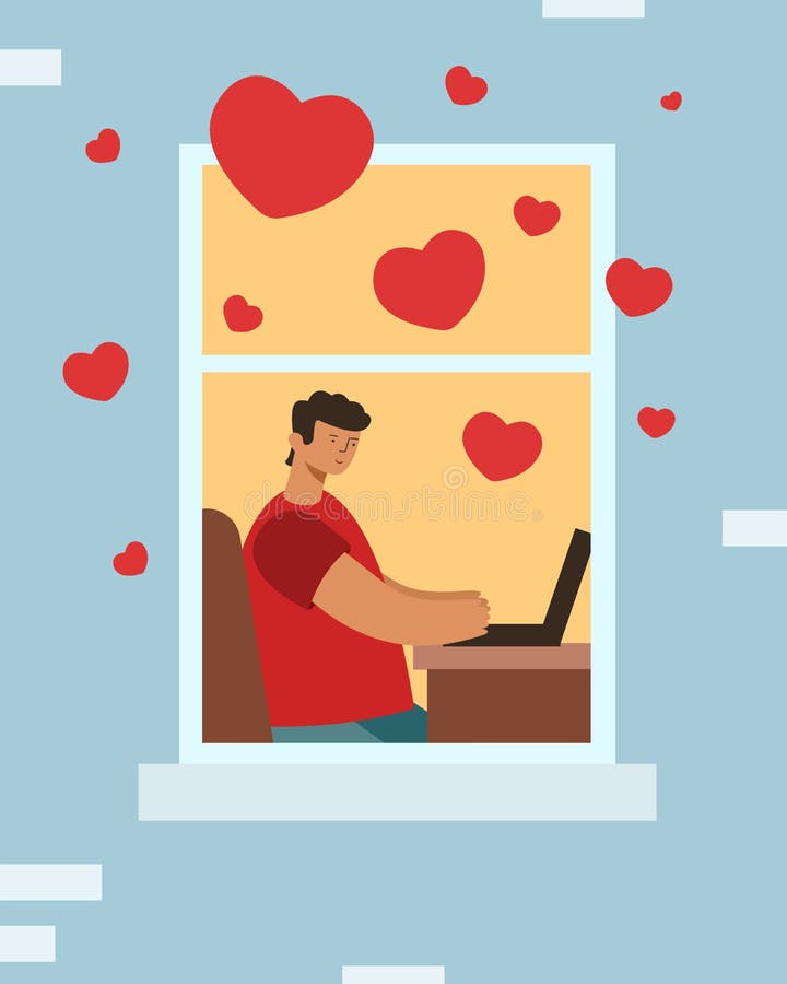 Virtual Love Online. Guy with a Laptop, Hearts Flying Around Stock ...