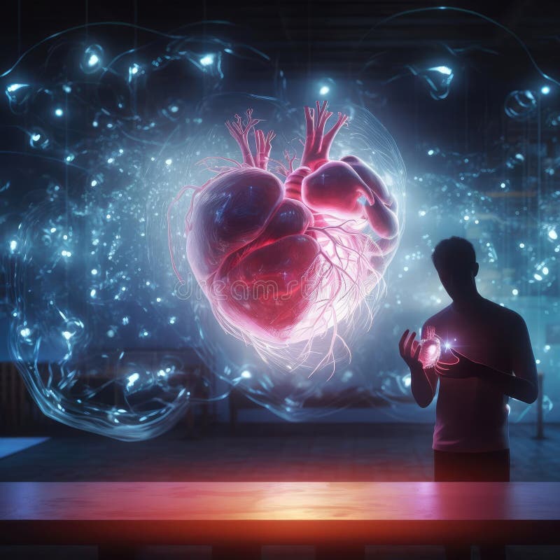Man Holding Glowing Artificial Heart Stock Photo - Image of computer ...