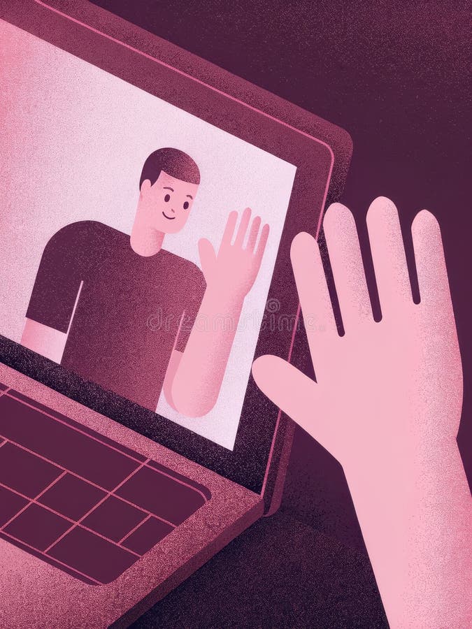 Virtual Meeting Connection with Laptop Screen and Hand Waving in ...
