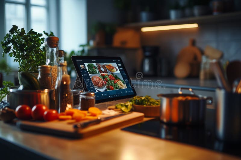 Virtual Meeting Focus on Cooking Demonstration with Tablet Display in ...