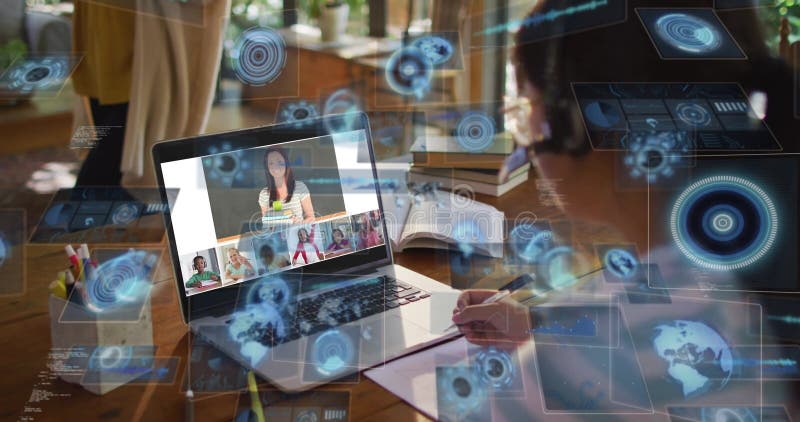 Virtual Meeting on Laptop with Digital Data Processing Animation ...