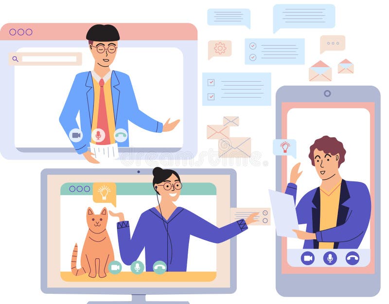 Virtual Meeting, Online Teamwork. Computer with Group of Colleagues ...