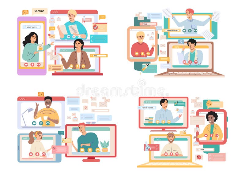 Virtual Meeting, Online Teamwork. Computer with Group of Colleagues ...