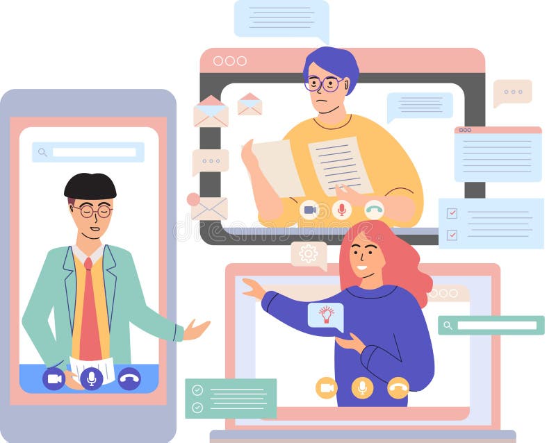 Virtual Meeting, Online Teamwork. Computer with Group of Colleagues ...