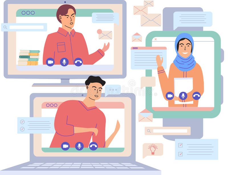 Virtual Meeting, Online Teamwork. Computer with Group of Colleagues ...