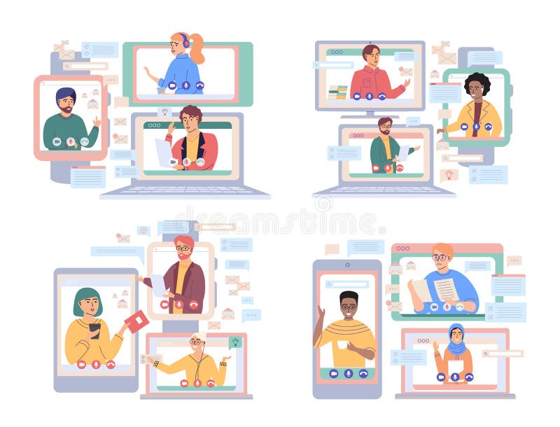 Virtual Meeting, Online Teamwork. Computer with Group of Colleagues ...