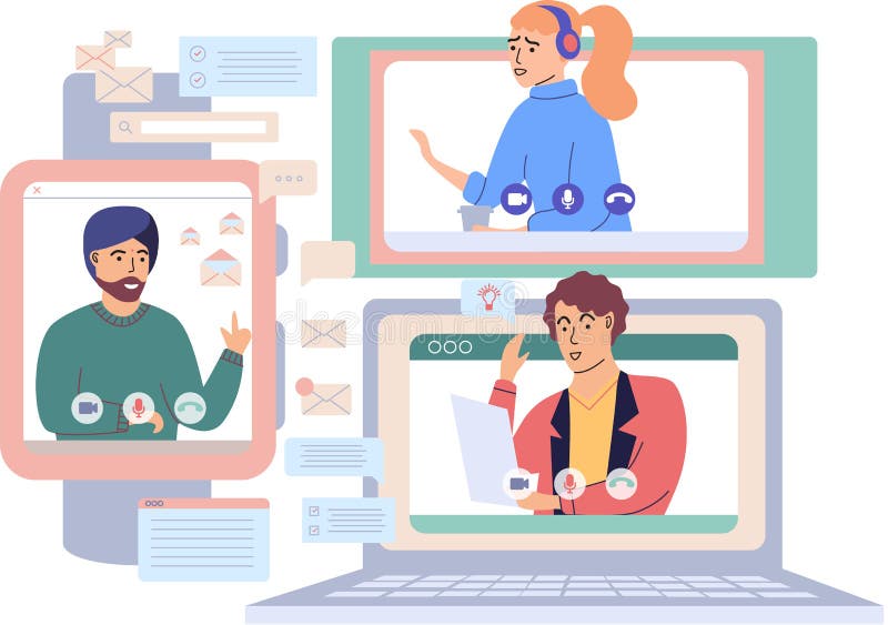 Virtual Meeting, Online Teamwork. Computer with Group of Colleagues ...