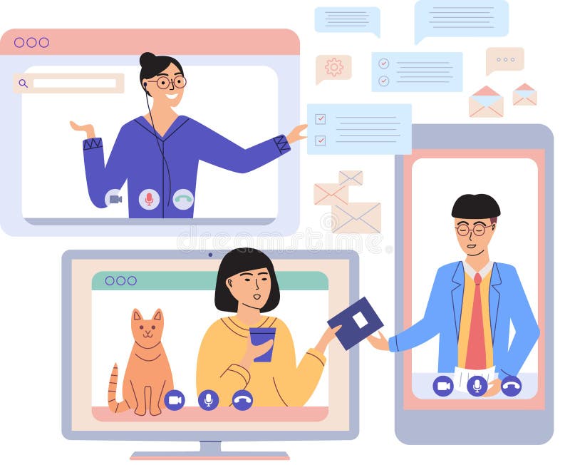 Virtual Meeting, Online Teamwork. Computer with Group of Colleagues ...