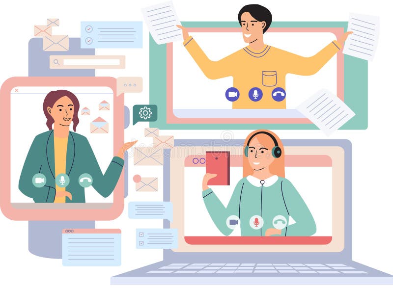 Virtual Meeting, Online Teamwork. Computer with Group of Colleagues ...